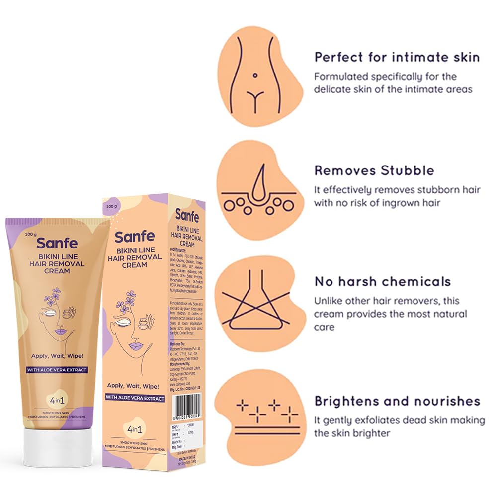 Sanfe Bikini Line Hair Removal Cream with Spatula and Intimate Wipes - 100g - Natural and Safe for sensitive skin - Lavender, Aloe Vera, Shea Butter