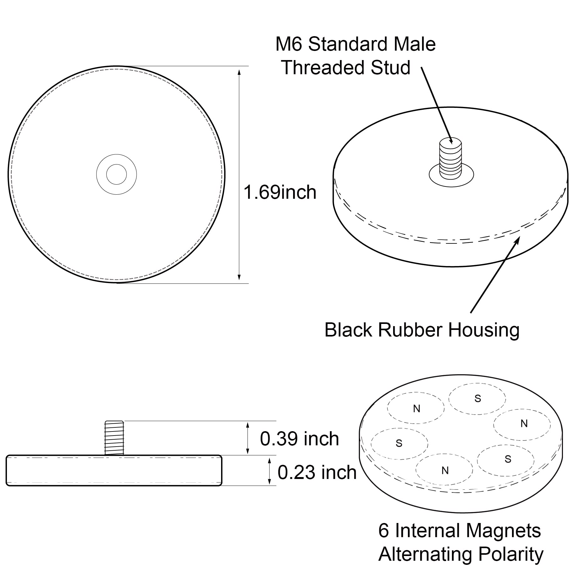 ULIBERMAGNET 4Pack Rubber Coated Neodymium Magnets, Strong 24LB M6 Male Thread Stud, Anti-Scratch Mounting Magnets with Stud for Mounting led Lighting, Fixtures, Holding Tools and Organiazation