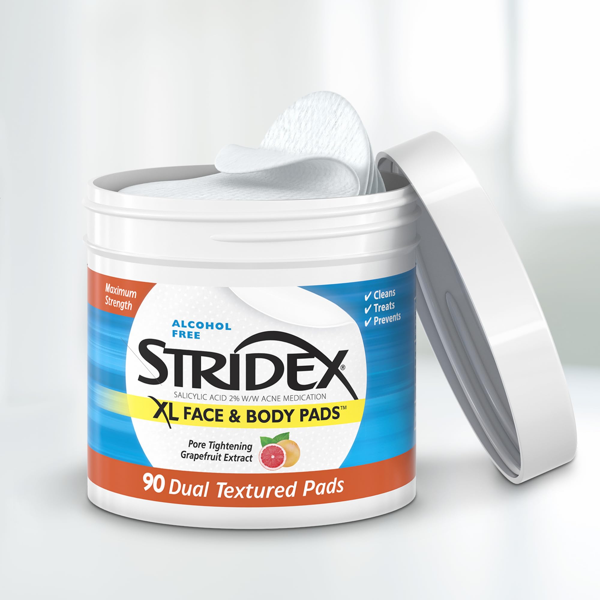 Stridex XL Face & Body Pads, 90 Count, Maximum Strength, Facial Cleansing Wipes, Alcohol-Free Face Pads, Acne Treatment for Face & Body, Dual Textured Pads, Smooth Application
