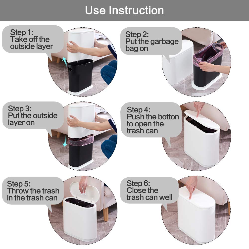 AIFUSI Trash Can, 10 Liter / 2.4 Gallon Plastic Slim Garbage Container Bin with Press Top Lid, White Waste Basket for Kitchen, Bathroom, Living Room, Office, Narrow Place(Ivory White