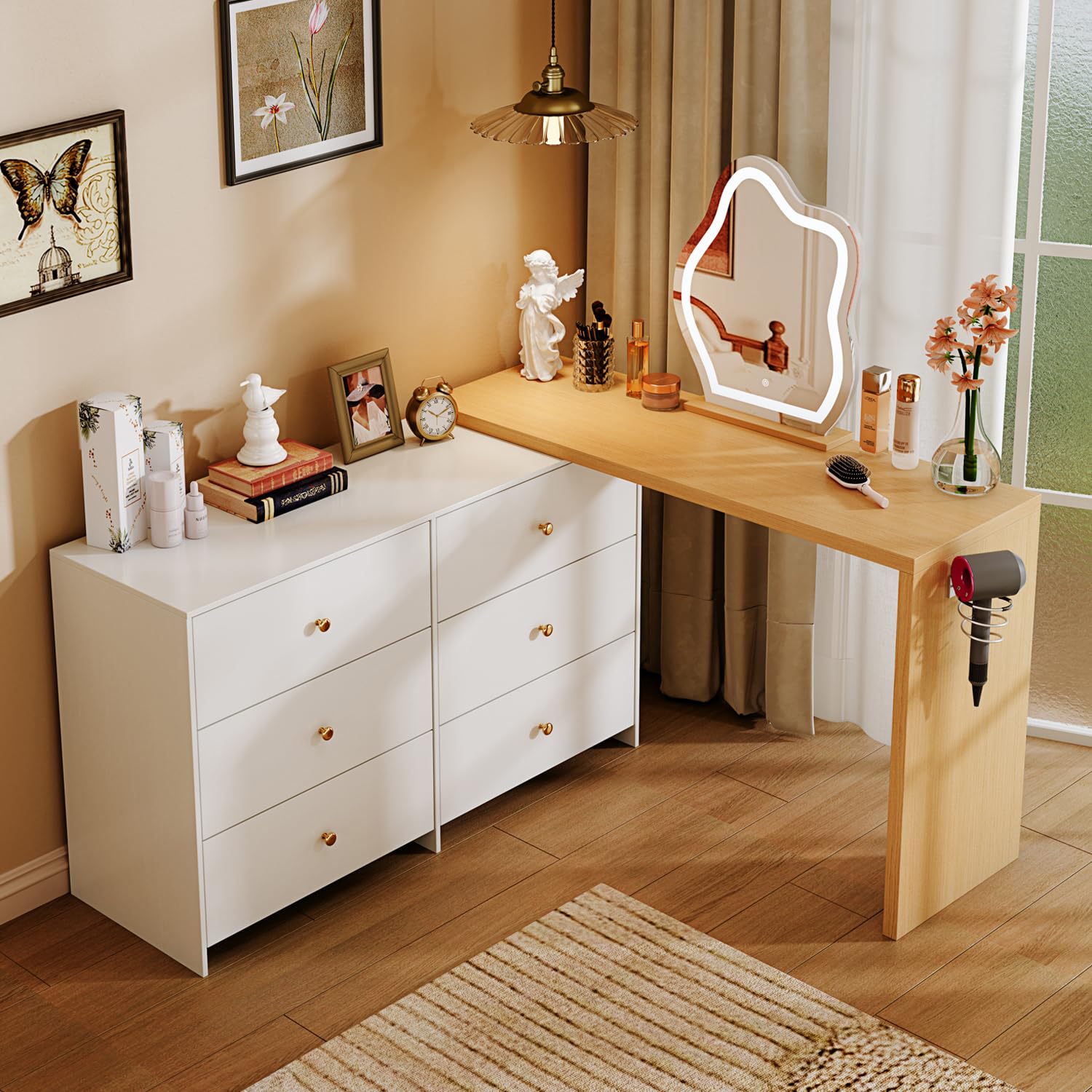sbdmirau Vanity Desk with Mirror and with 3 Color Lighting Modes Adjustable Brightness, 6 Drawers Makeup Table for Bedroom Studio, 3-Sections Silent Slides Gift for Girls and Women, Grey