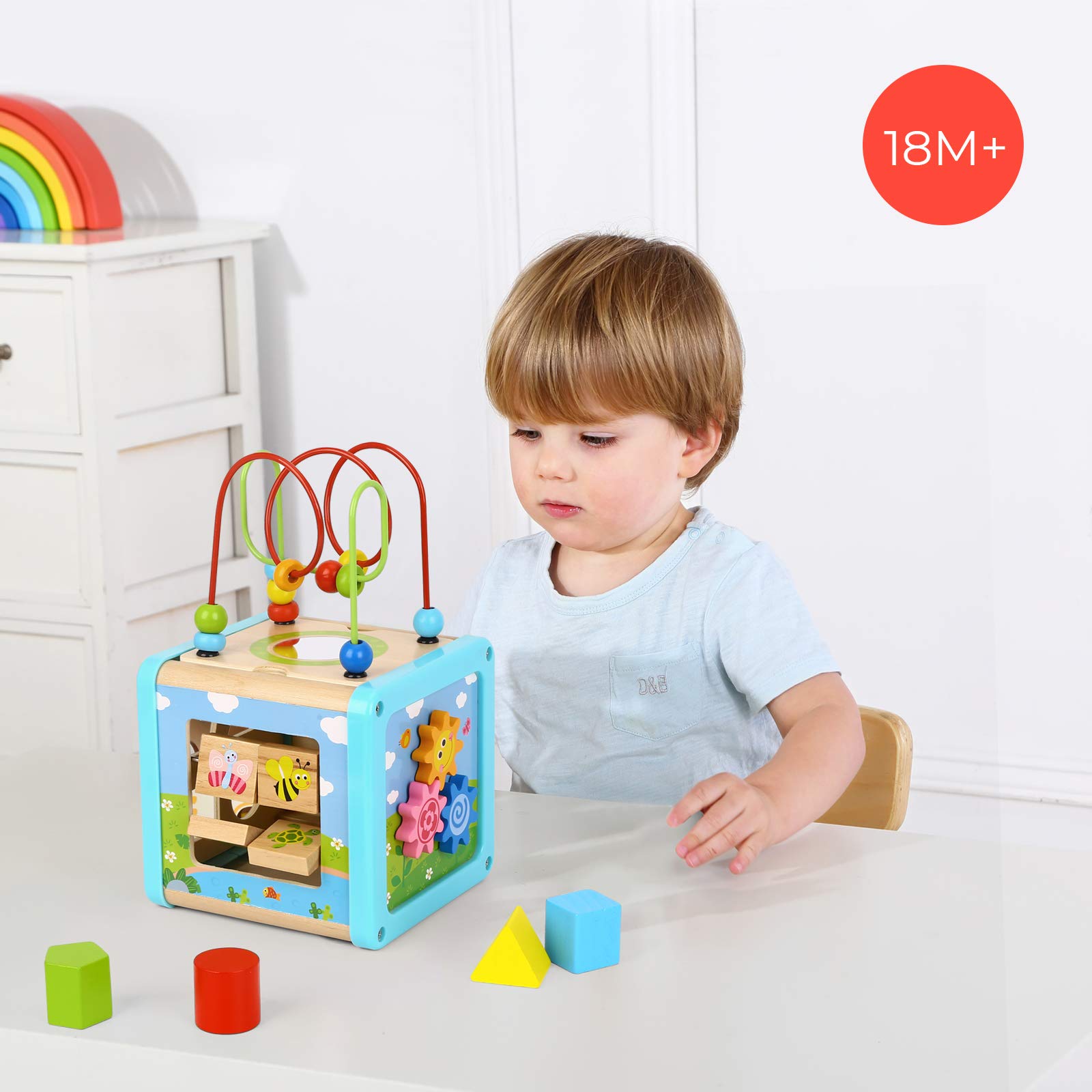 TOOKYLAND Activity Cube Wooden Toys Bead Maze Shape Sorter Learning Developmental Montessori Toys Small Size Gifts for Toddler Kids