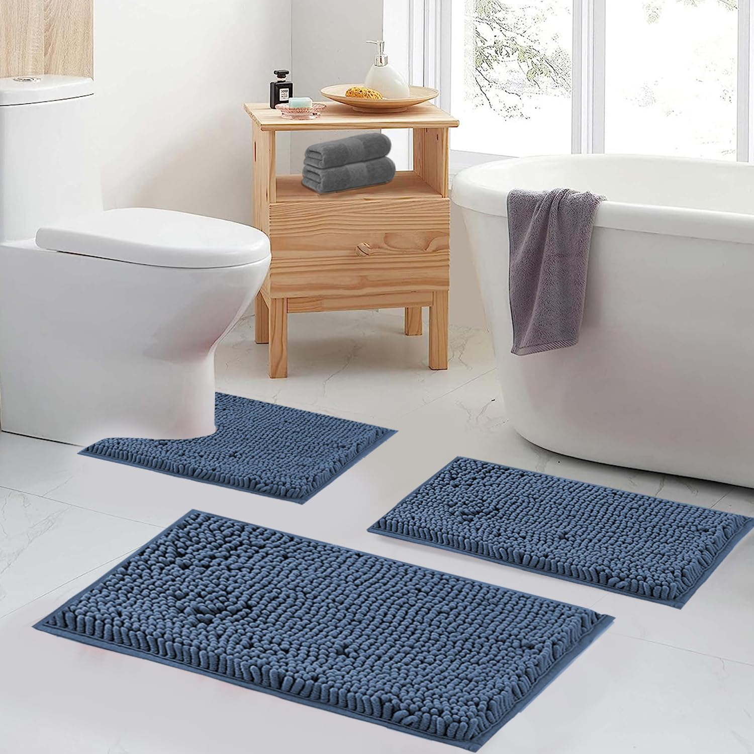 Blue Bath Toilet Rugs Chenille Bath Mats Set 2 Piece Extra Soft and Absorbent Shaggy Rugs, Machine Wash and Dry, Perfect Plush Bath Mats for Tub, Shower, Bathroom Decor, Washable Carpets Set