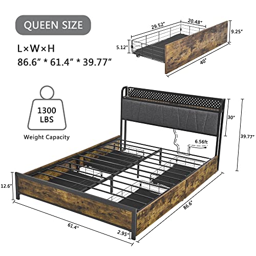 Alohappy Queen Bed Frame with Drawers and RGB Led Lights, Storage Headboard with Charging Station, Metal Platform Bed Frame with Strong Steel Slats Support Easy Assembly No Squeak