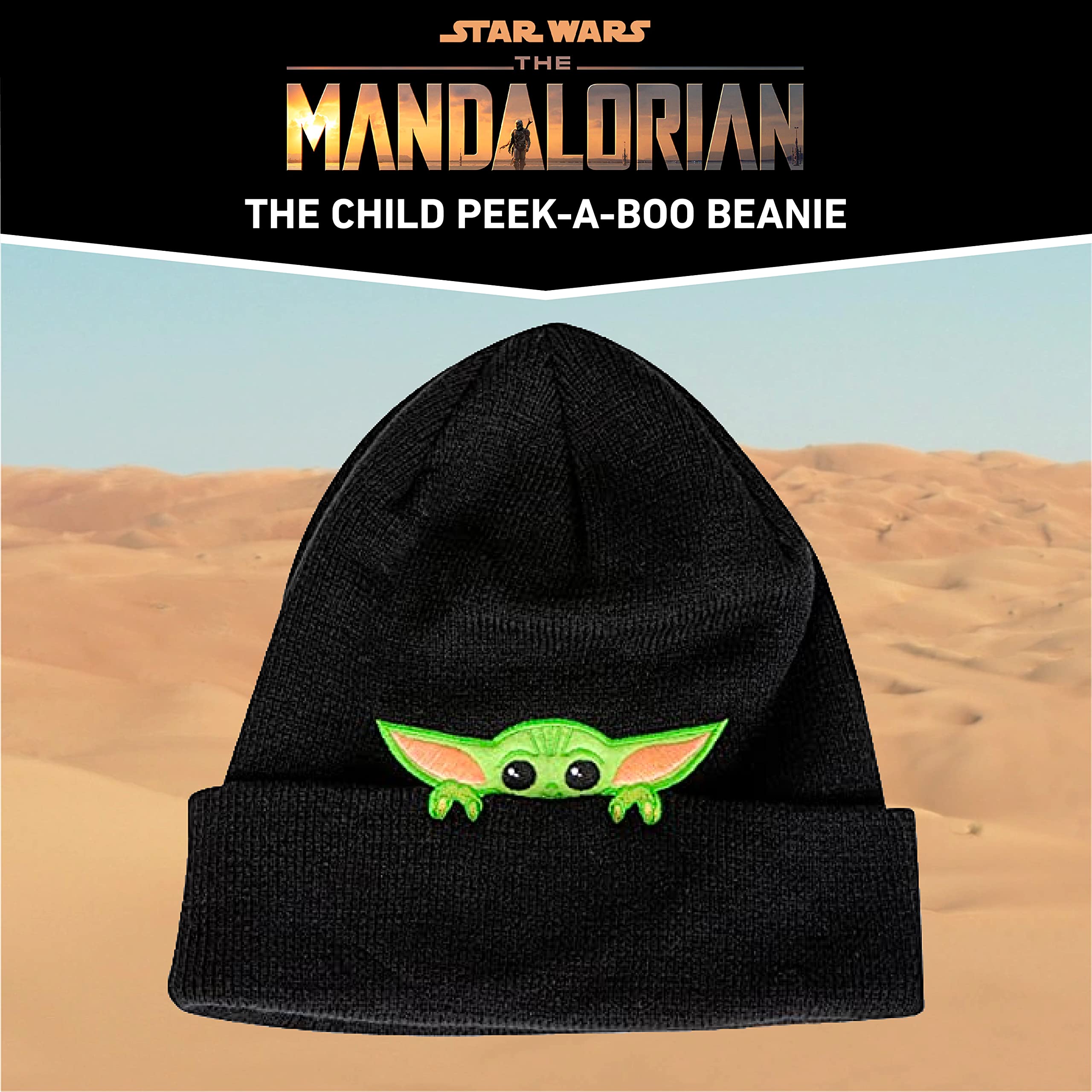 Star Wars The Mandalorian Grogu Peek-A-Boo Knitted Cuffed Beanie, Black, One Size