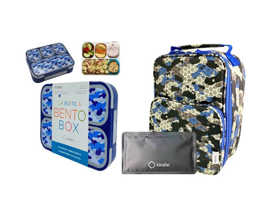 Bundle of Camo Lunch-Box for Boys 4 Compartments (Blue Camouflage) + Camo Lunch Box for Boys Kids Men with Ice Pack (Blue Black Camouflage)