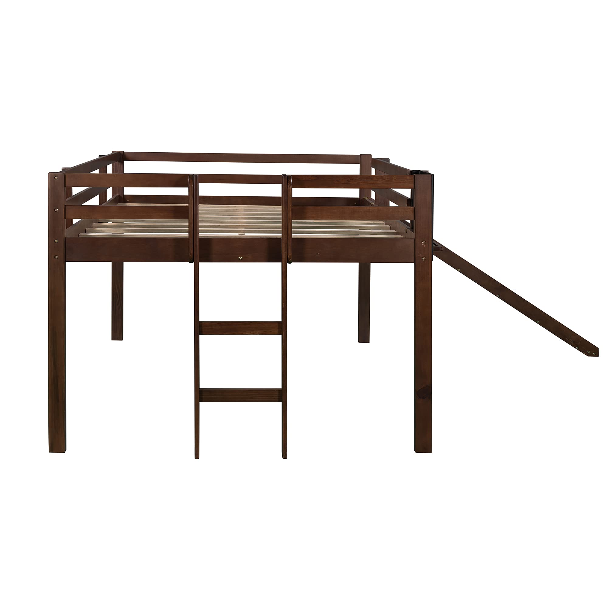 Full Size Loft Bed with Slide, Kids Low Loft Bed Frame with Chalkboard for Boys & Girls, Wood Full Slide Loft Bed with Under-Bed Space Storage (Walnut, Full)