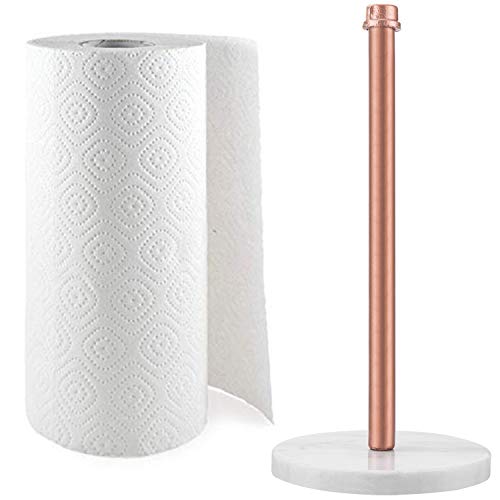 MyGift Copper Tone Metal Industrial Pipe Paper Towel Holder Countertop with Round White Marble Base, Kitchen Upright Paper Towel Dispenser Rack