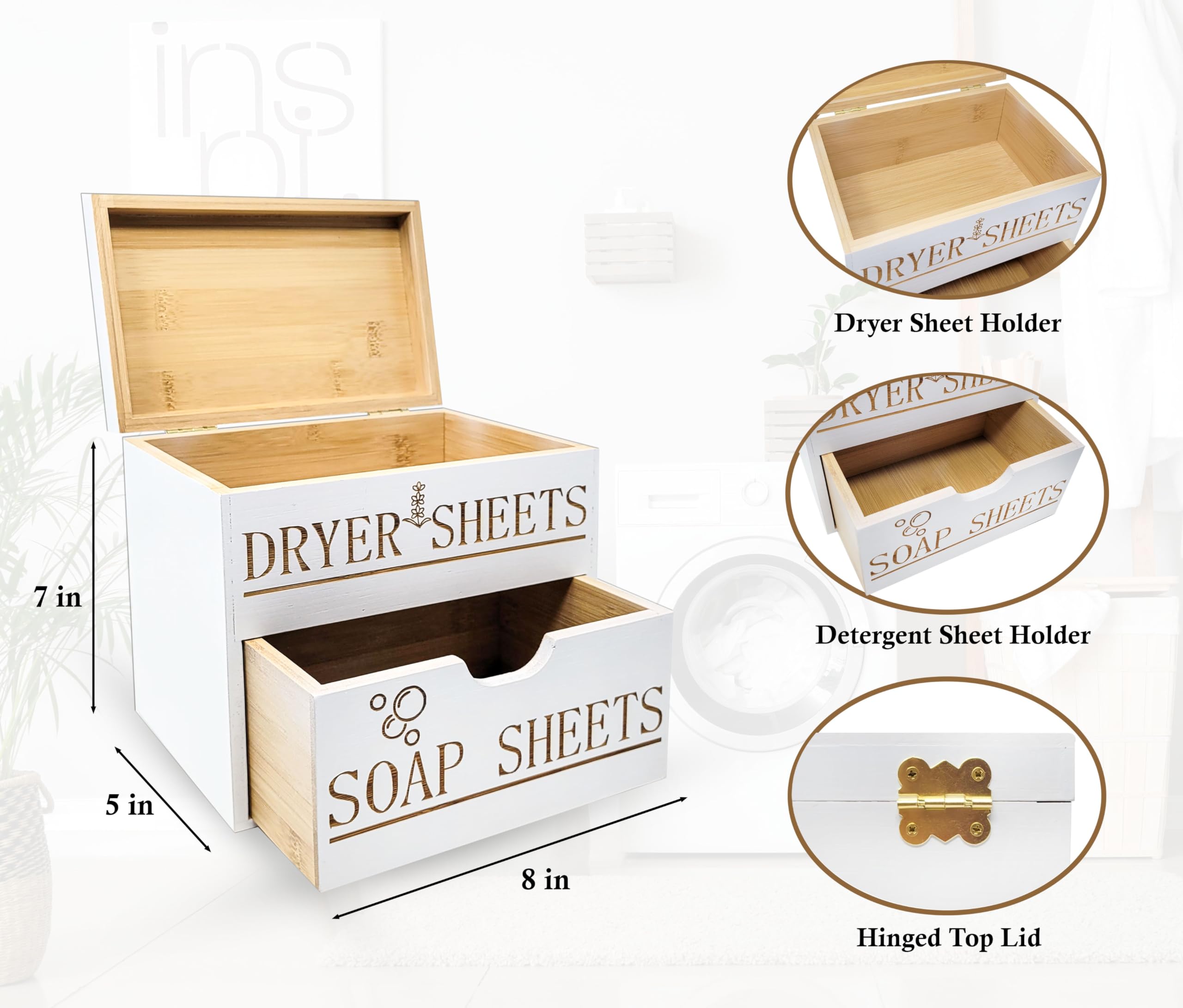 ALLNEY HOME Wood Box Dryer Sheet Holder and Detergent Dispenser drawer, Natural Wood and Sustainable Storage Box, Rustic White Farmhouse Finish, Large Capacity Laundry Room Organizer