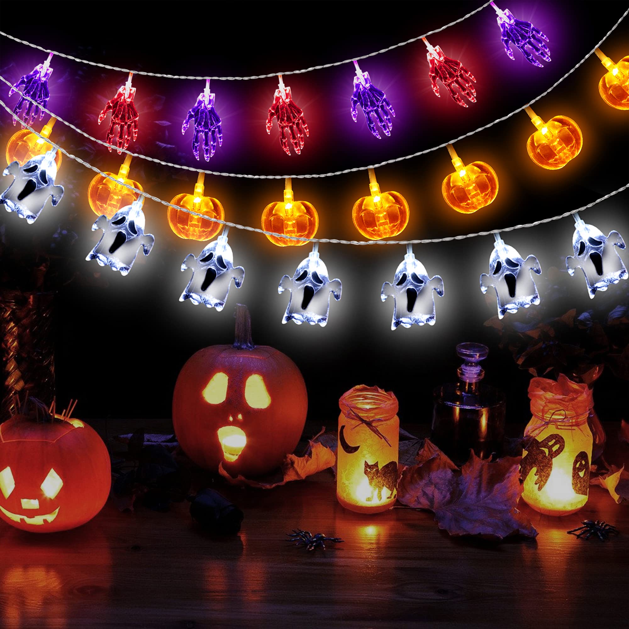 3Pcs Halloween Spooky Decorative String Lights, 54 LED 9.8ft Battery Powered Hand Ghost Pumpkin Party Light String Halloween Decorations for Lawn Garden Porch Door Window Wall Home Halloween Decor