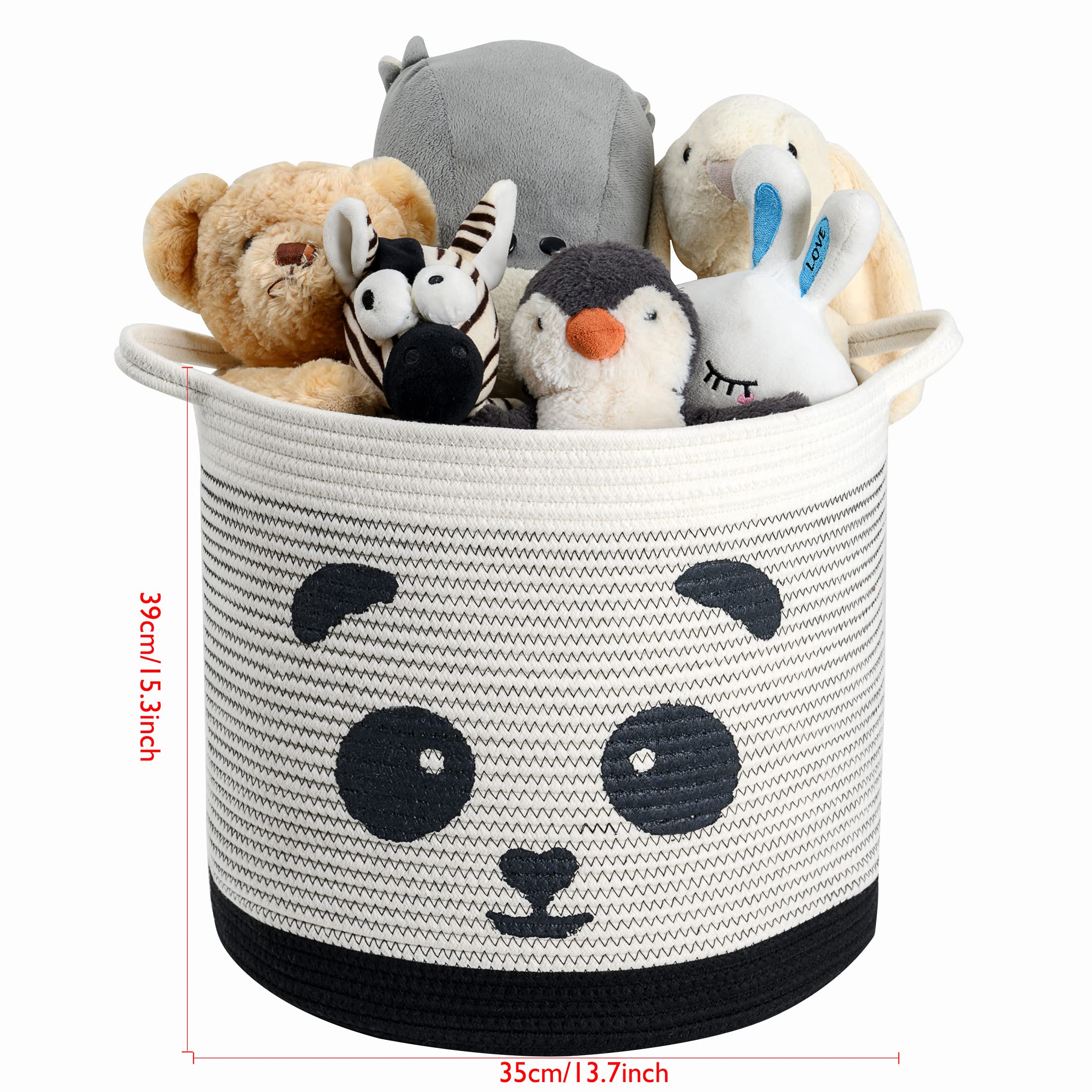 ART pinecone cotton rope basket oval woven storage basket, Cute Dog Toy Basket Cotton Basket Baby Nursery Hamper Shelf Decorative Bin,15"L x 10"W x 9"H (cute Panda, Black & White)