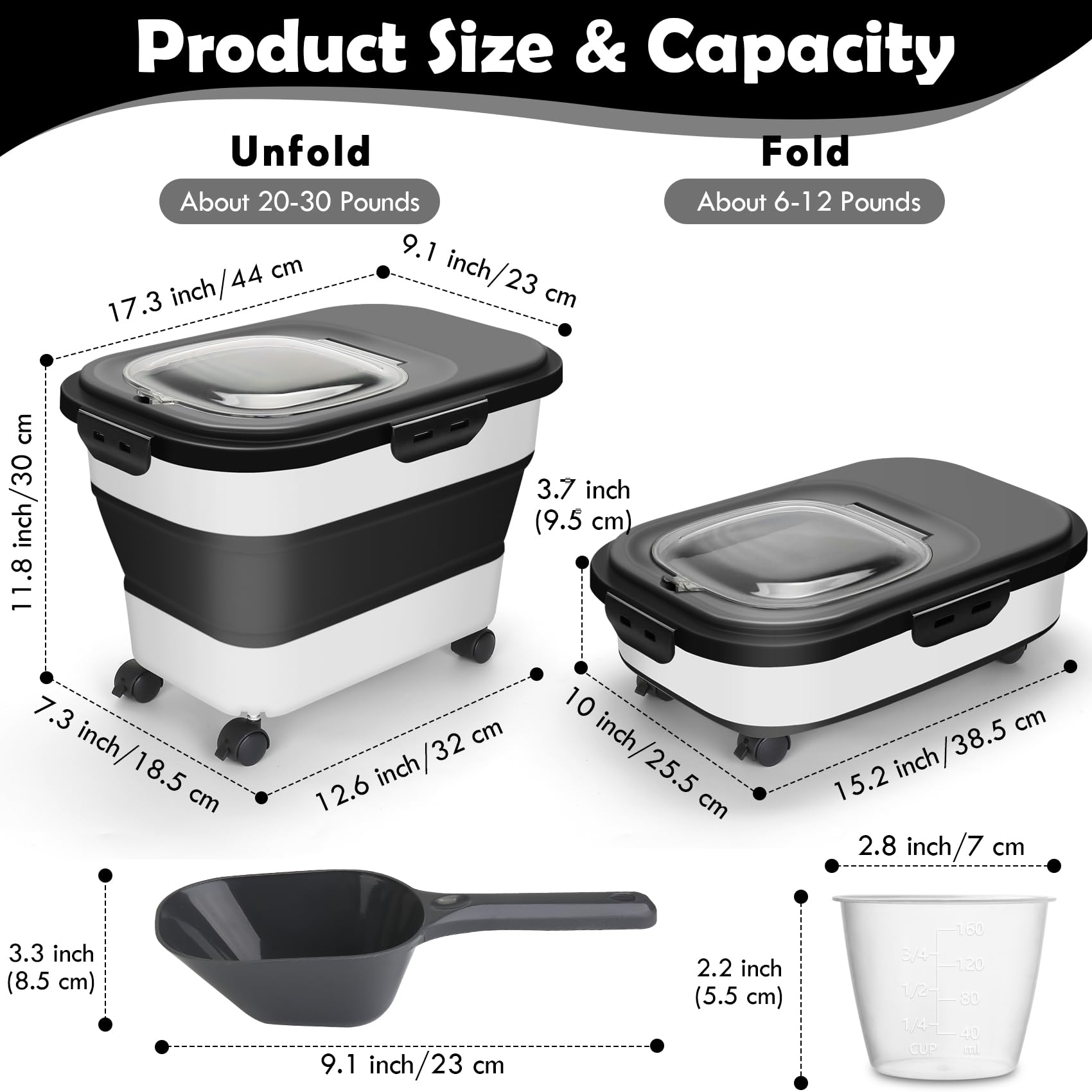 Rice Storage Container, 20-30Lbs Airtight Large Dog Cat Food Storage Containers with Wheels, Scoop & Measuring Cup, Collapsible Kitchen Flour Bin, Dry Food Storage Holder for Rice Kibble Pet Food