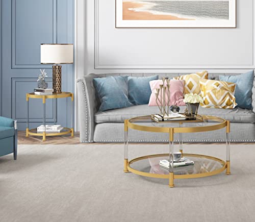 OIOG 2 Tier Coffee Table with Acrylic Legs,32.3" Wide Round Coffee Table with Glass Top, Modern Center Table for Living Room, Studio Apartment,Glass/Gold