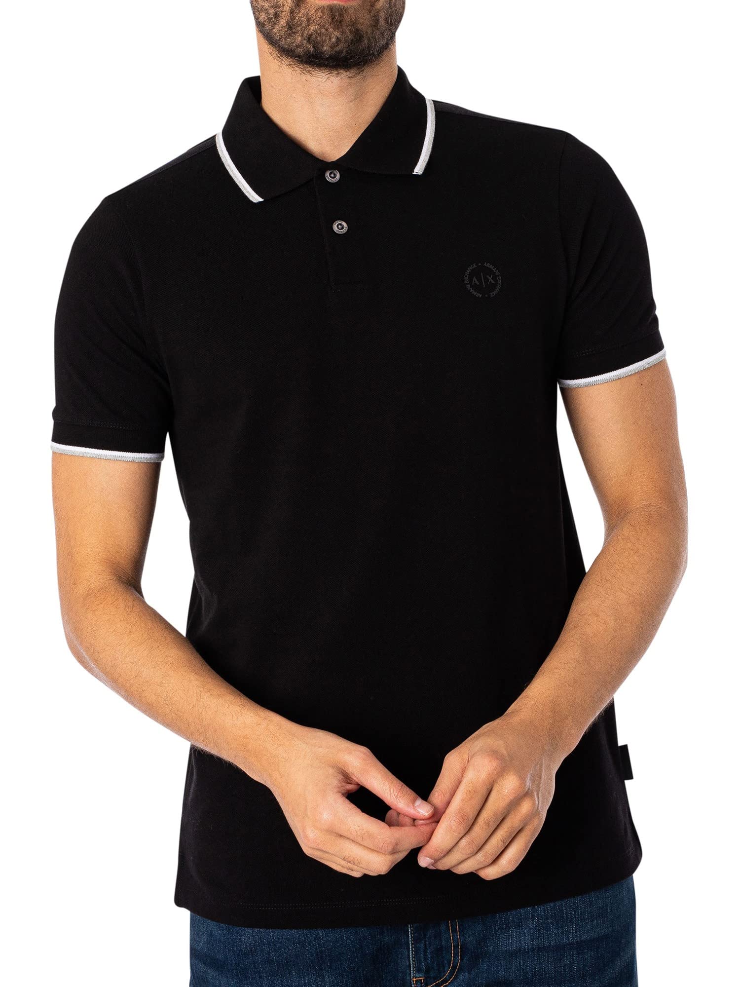 A|X ARMANI EXCHANGE Mens Short Sleeve Jersey Knit Polo Shirt, Black, Large US