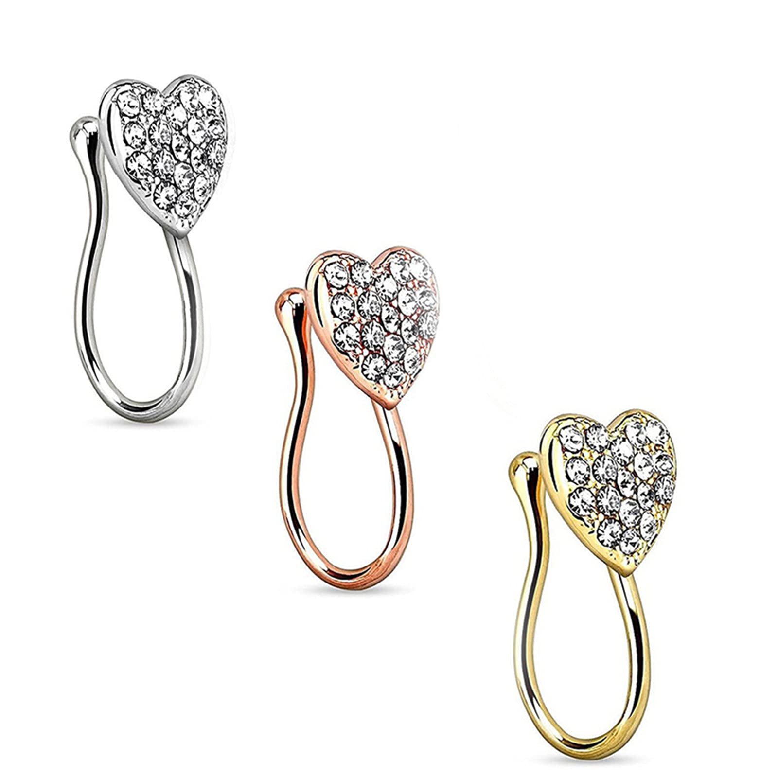 3Pcs Healing Crystal Natural Stone Bead Non Piercing Nose Cuff Stainless Steel Love Heart Rhinestone Seed African Fake Clip On Nose Ring Set for Women Men Adjustable Jewelry Gift-D heart