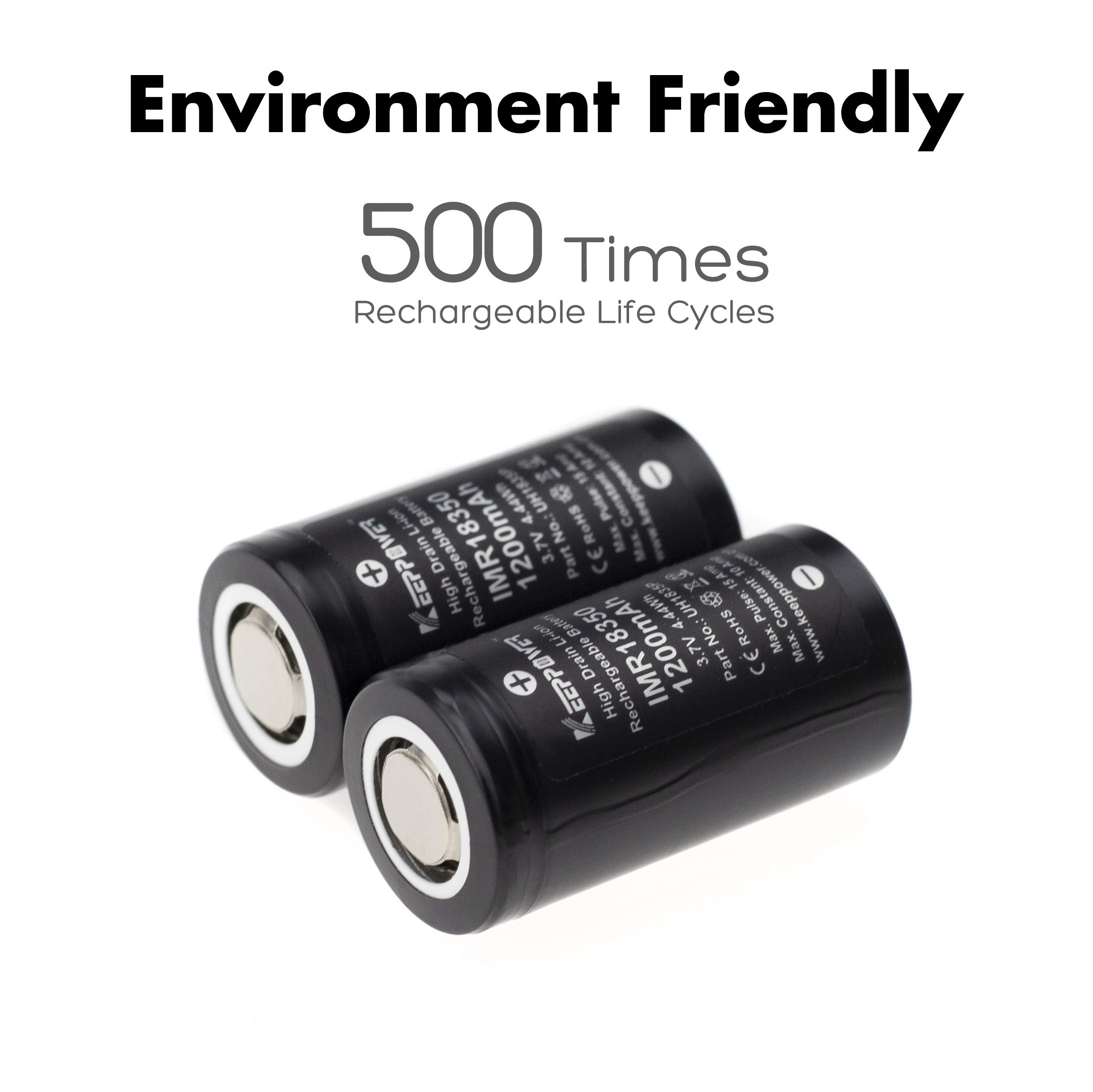 Keeppower IMR18350 High Drain Li-ion Battery Flat Top Rechargeable 1200mAh 10A Discharge 3.7V Lithium Battery (Pack of 2)