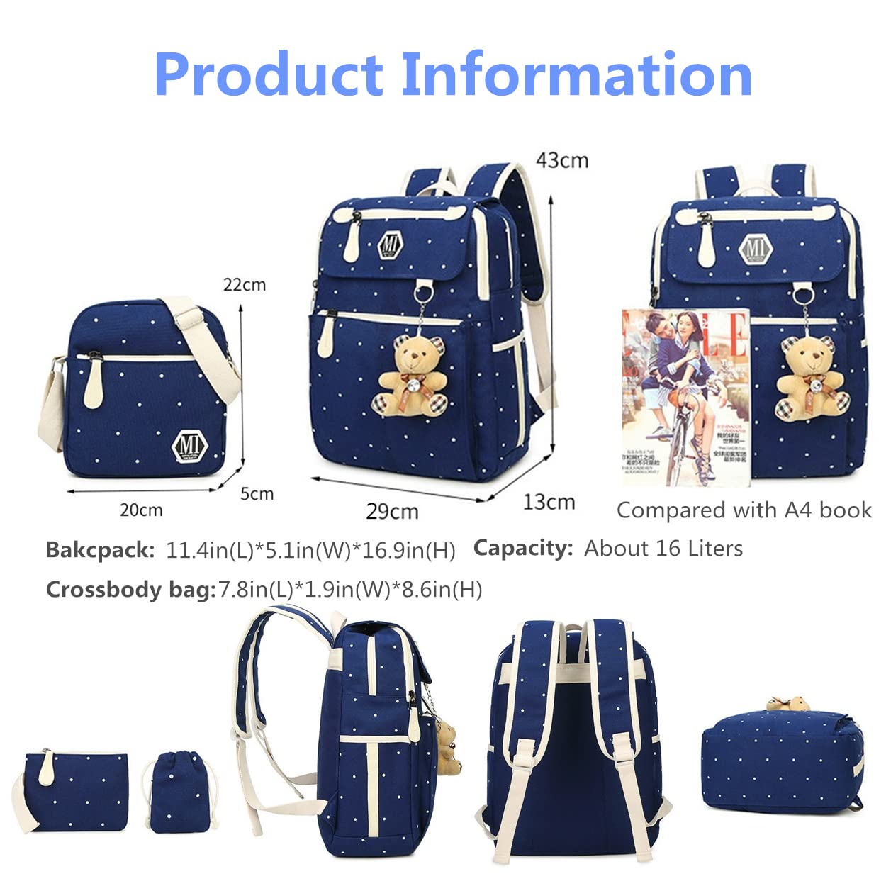3Pcs Polka-Dot Girls Backpack Set for School Elementary, Canvas Casual Daypack Backpacks for Girls with Crossbody Bag