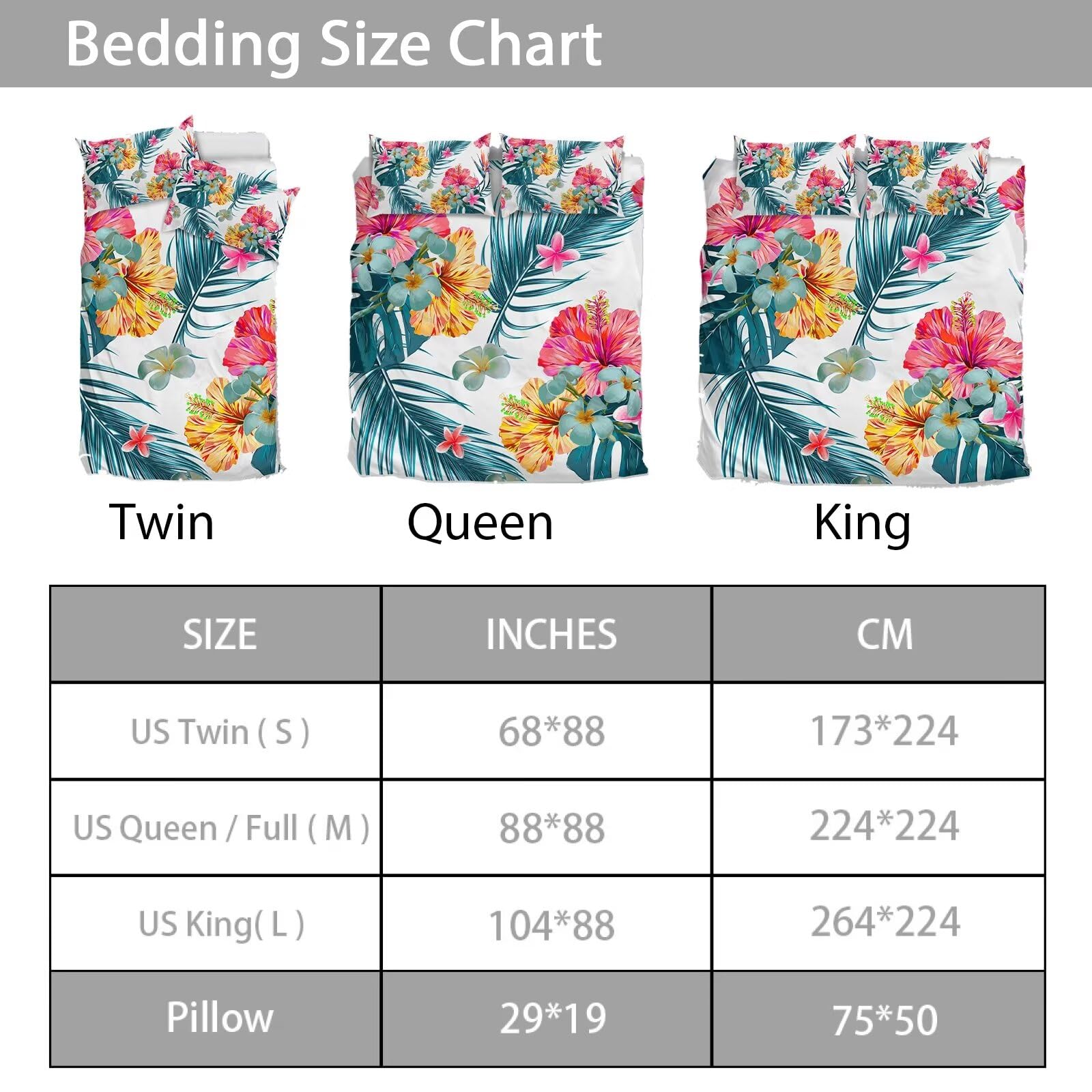 Gearider Hibiscus Flower Pattern Duvet Cover Set, Palm Leaves Soft Tropical Bedding Set with Zipper Closure, Black Lining, Size King