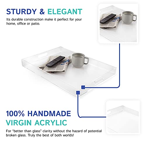 Huang Acrylic Clear Premium Rectangle Acrylic Tray with Handles 23" x 16" x 2.25" for Serving, Decor, Coffee Tables