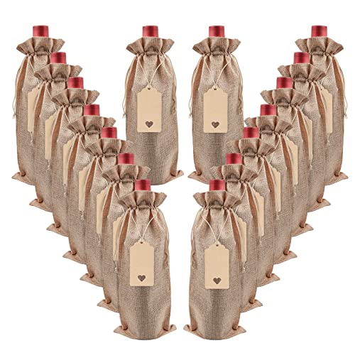 Burlap Wine Bags for Wine Bottles Gifts - 12Pcs Burlap Wine Gift Bags with Drawstrings, Tags & Ropes, Reusable Bottle Gifts Bag for Wedding, Christmas, Wine Party, Travel, Home Storage