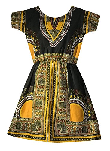 Decoraapparel Girls Dashiki Caftan African Short Baby Doll Dress Above Knee Length (X-Large, Black Yellow)