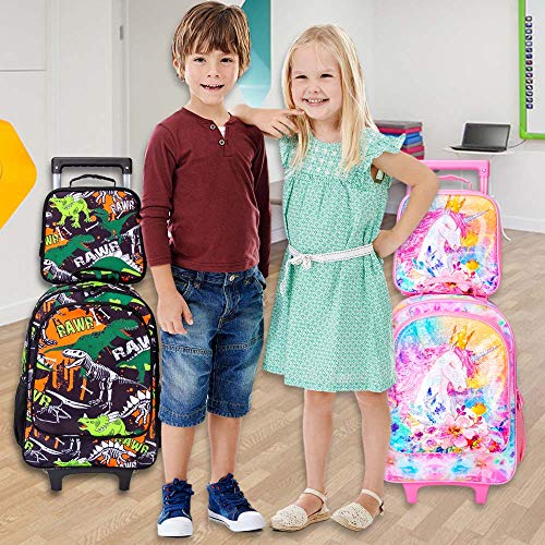 3PCS Rolling Backpack for Boys,Kids Dinosaur Bookbag with Roller Wheels, Suitcase School Bag Set for Toddler Elementary