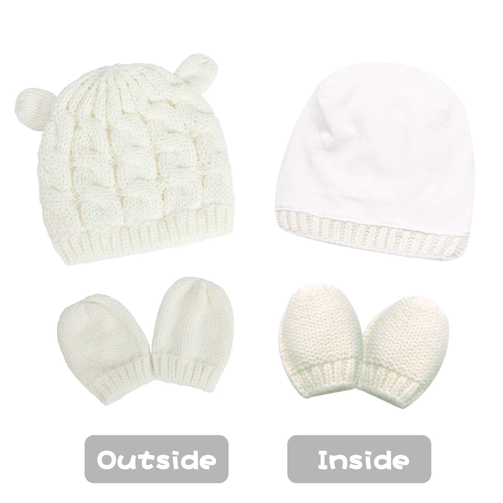Unisex Baby Toddler Hat and Mitten Set Winter Knitted Thick Warm Beanie Cap Gloves for Infant Boys Girls (White, M (3-6 Months))