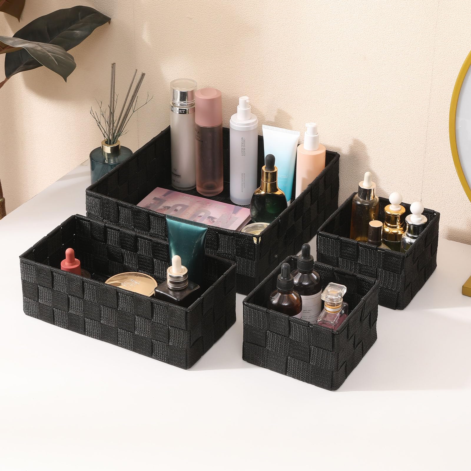 Fboxac Drawer Organizer Bins, Woven Storage Stackable Box Set of 4, Cube Baskets for Organizing Drawers, Shelves, Cabinets, and Dressers (Beige)