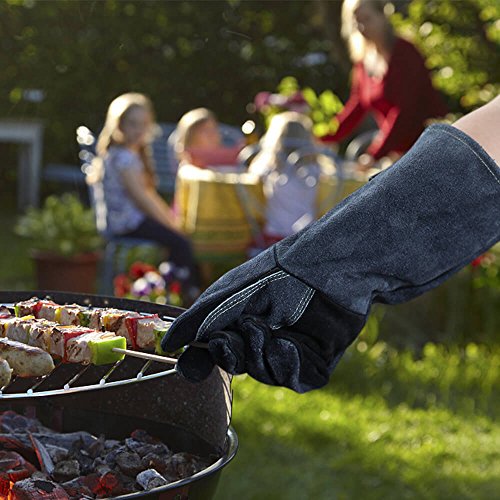 932℉ Grill BBQ Gloves 16-inch Heat Resistant Leather Forge Welding Glove with Flame Retardant Long Sleeve and Insulated Lining for Men and Women Black-Gray