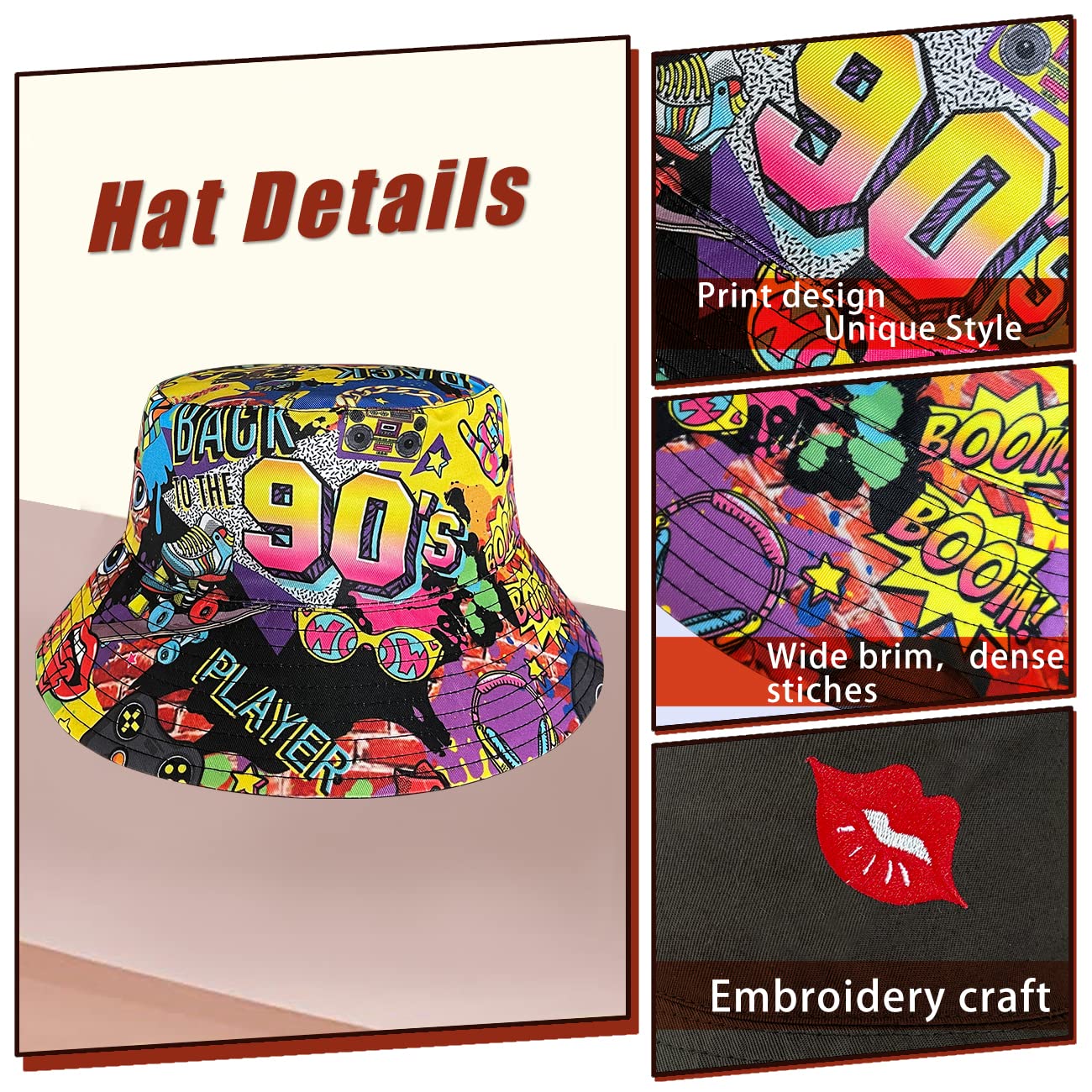 80s/90s Bucket Hat for Men Women, Packable Reversible Printed Sun Hat for Womens Men, 100% Polyester Material, UV Protection (Youth and 90s)