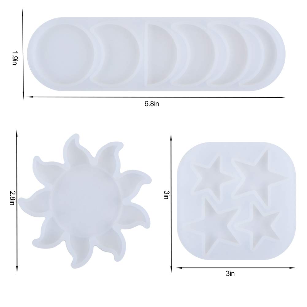 3Pcs Resin Molds for Jewelry Keychain Resin Casting Mold Silicone Mold Jewelry Mold for Resin Epoxy Moon Star Sun Shapes with Keyrings String