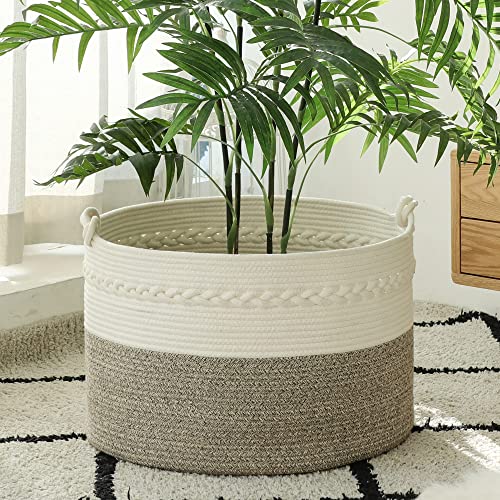 KAKAMAY Large Cotton Rope Blanket Basket (20"x13"),Woven Baby Laundry Hamper,Blanket Basket for Nursery, Laundry, Living Room, Pillows, Toys (White/Beige/Grey)