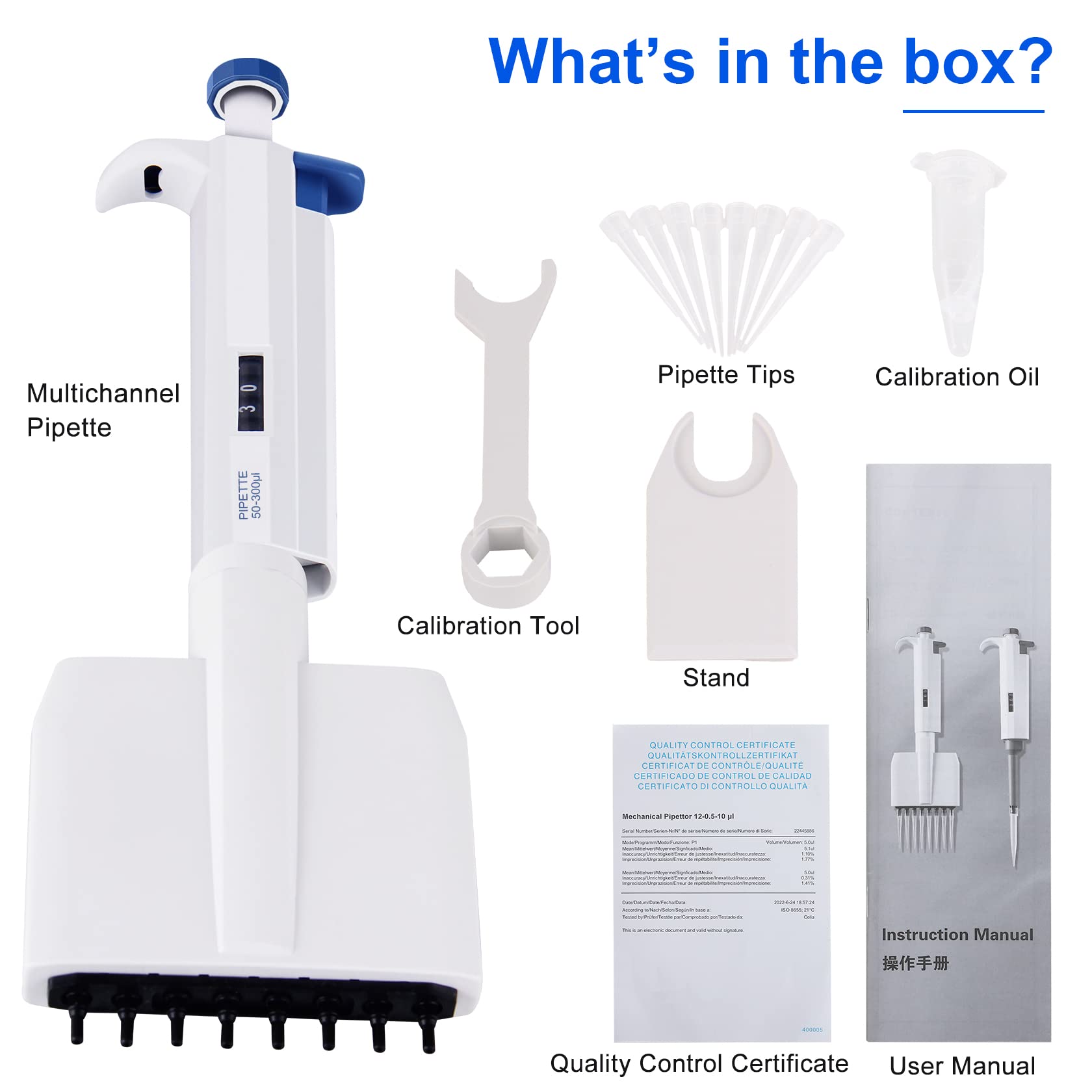 FOUR E'S SCIENTIFIC Multichannel Pipette 8 Channels Adjustable Volume Pipettor, 50-300uL
