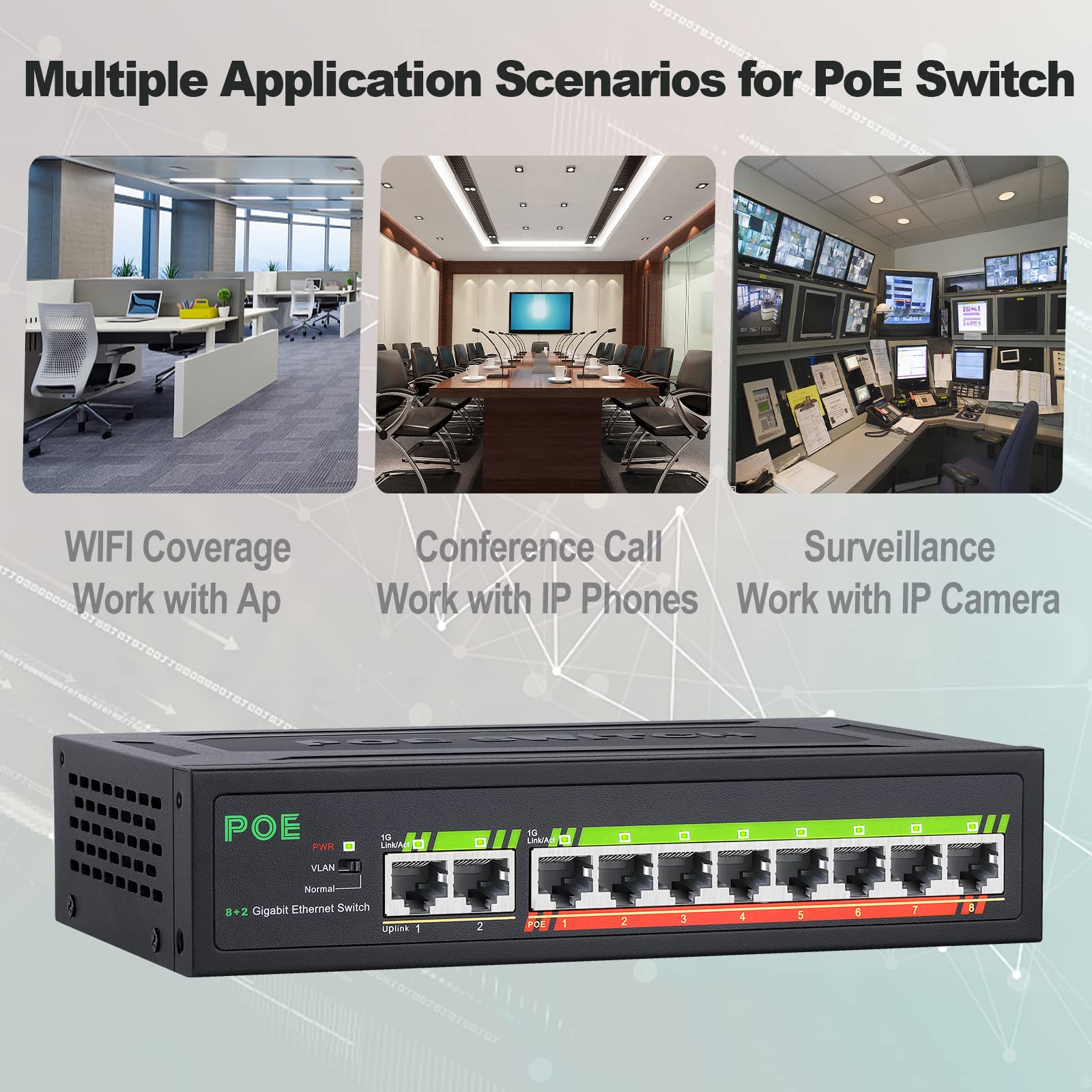 TEROW 8 Port Gigabit PoE Switch with 2 Gigabit Uplink, 8 10/100/1000Mbps PoE+ Ports @120W, 802.3af/802.3at Compliant, VLAN Mode, Unmanaged, Plug and Play