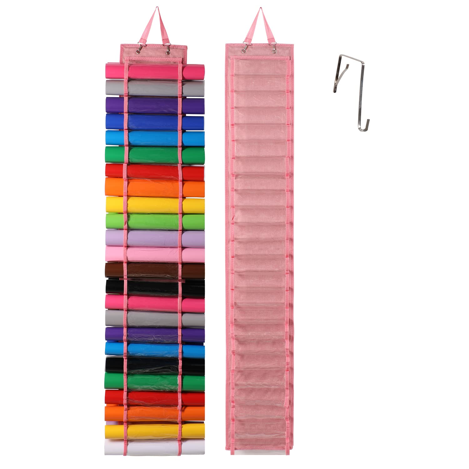 AGX Bravo Vinyl Roll Holder with 48 Compartments - Clear Vinyl Storage Organizer Wall Mount/Over The Door, Hanging Craft Vinyl Storage Rack with Door Hooks and Strap (pink)