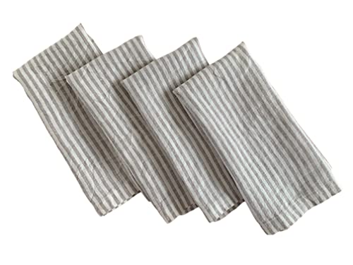 Linen Napkins – 100% French Flax – Stonewashed Pure Linen Cloth Napkins – Mitered Corners – Set of 4 (Gray/White Stripe)