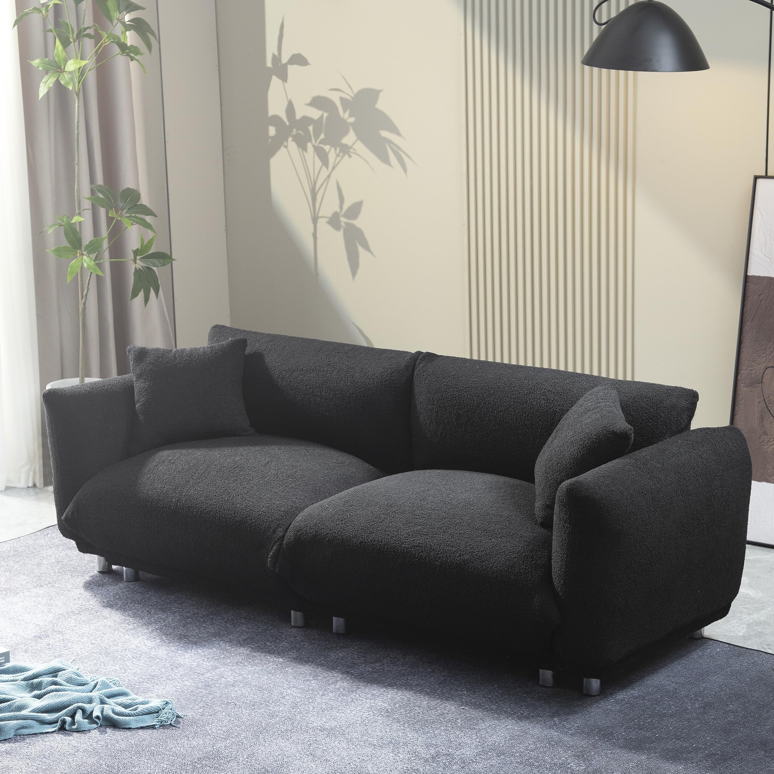 3 Seater Sherpa Teddy Cloud Couch, Lambswool Fabric Upholstered Overstuffed Loveseat, Extra Deep Seat Modular Sectional Sofa with Metal Legs for Living Room Apartment,Office, 2 Pillows