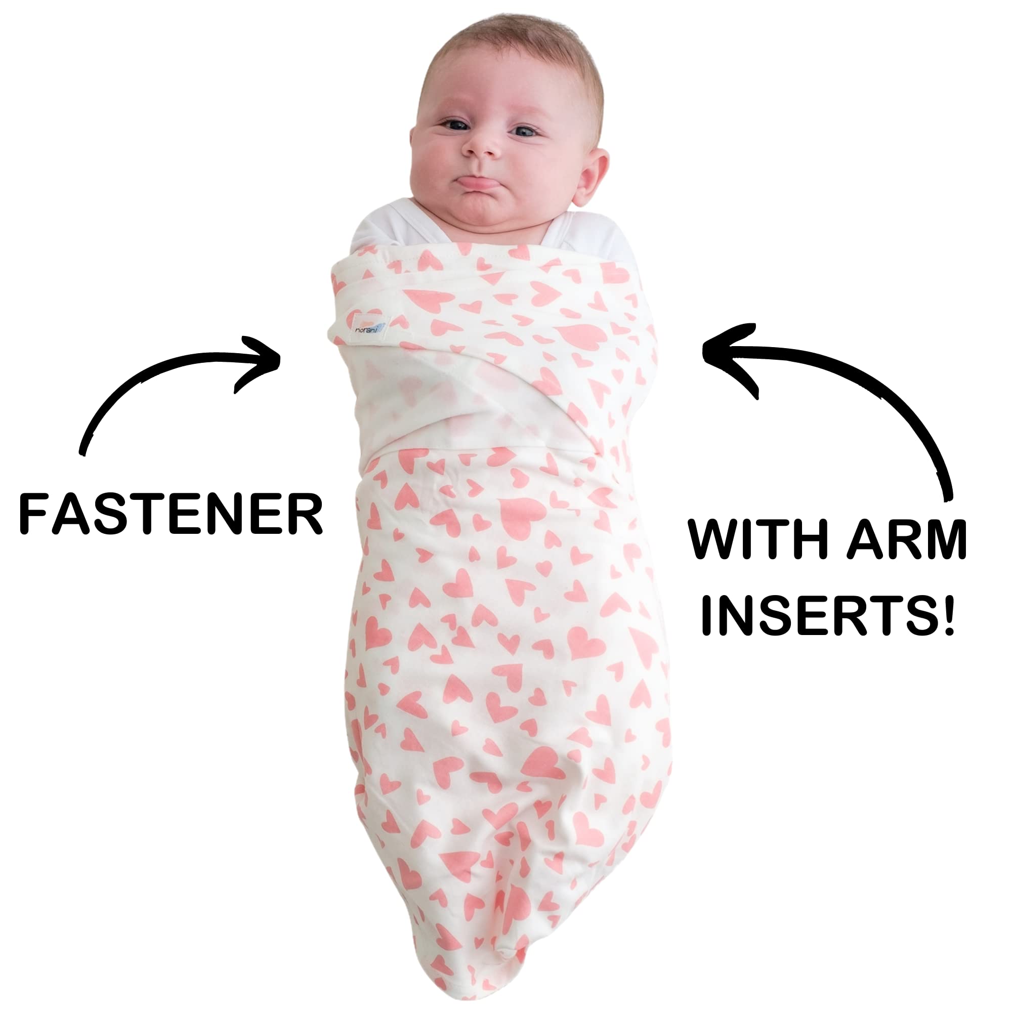 Norani Baby Snugababe Swaddle | Organic Cotton | Patented Newborn Baby Swaddle Blanket with Arm Inserts and Fastener | Pink Hearts
