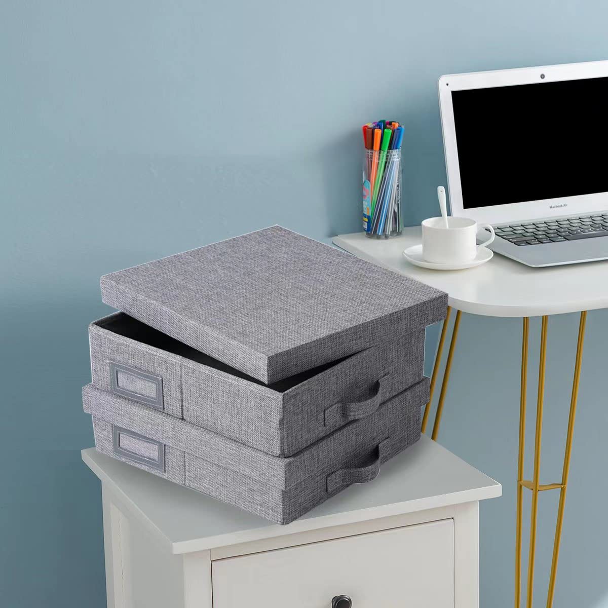 Juephe Linen Scrapbook Storage Box Photo Storage Box,Document Letter Box, Photo Boxes Cases, Organizer Box Storage Containers 15 '' x 13 '' x 4 '',Gray (2)