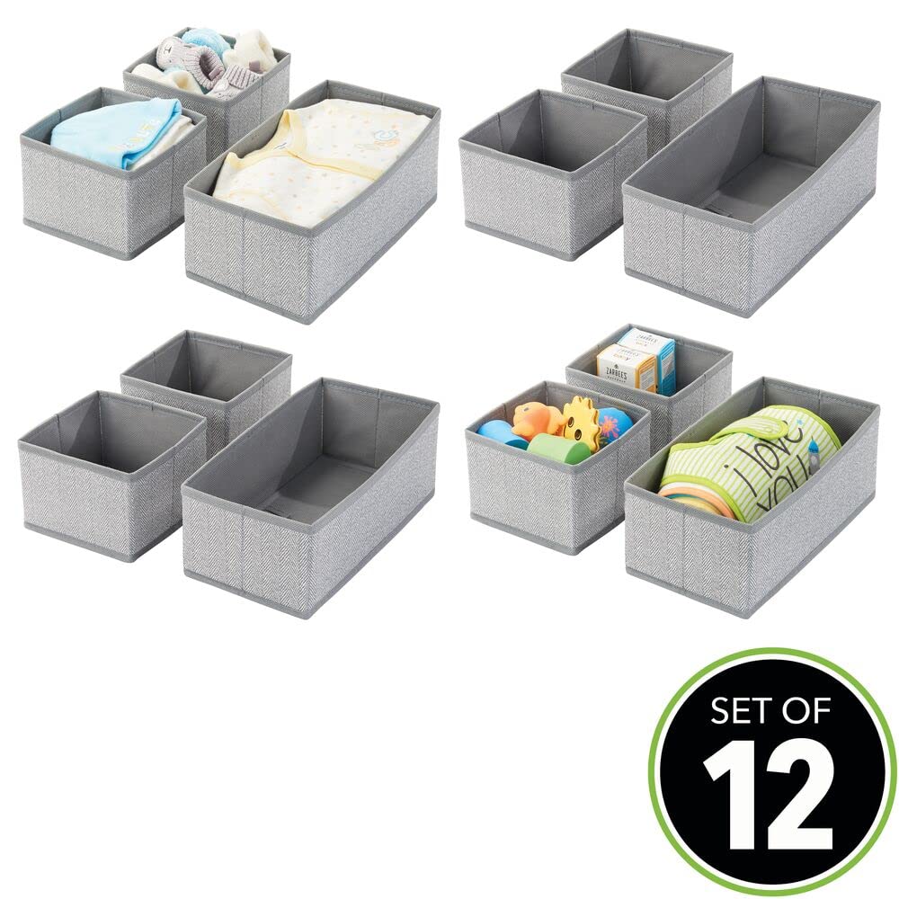 mDesign Fabric Drawer Divider Organizer Bin, Nursery/Bedroom Dresser, Closet, Shelf, Playroom Organization, Hold Clothes, Toys, Diapers, Bibs, Lido Collection, Set of 3, 4 Pack, Gray Herringbone