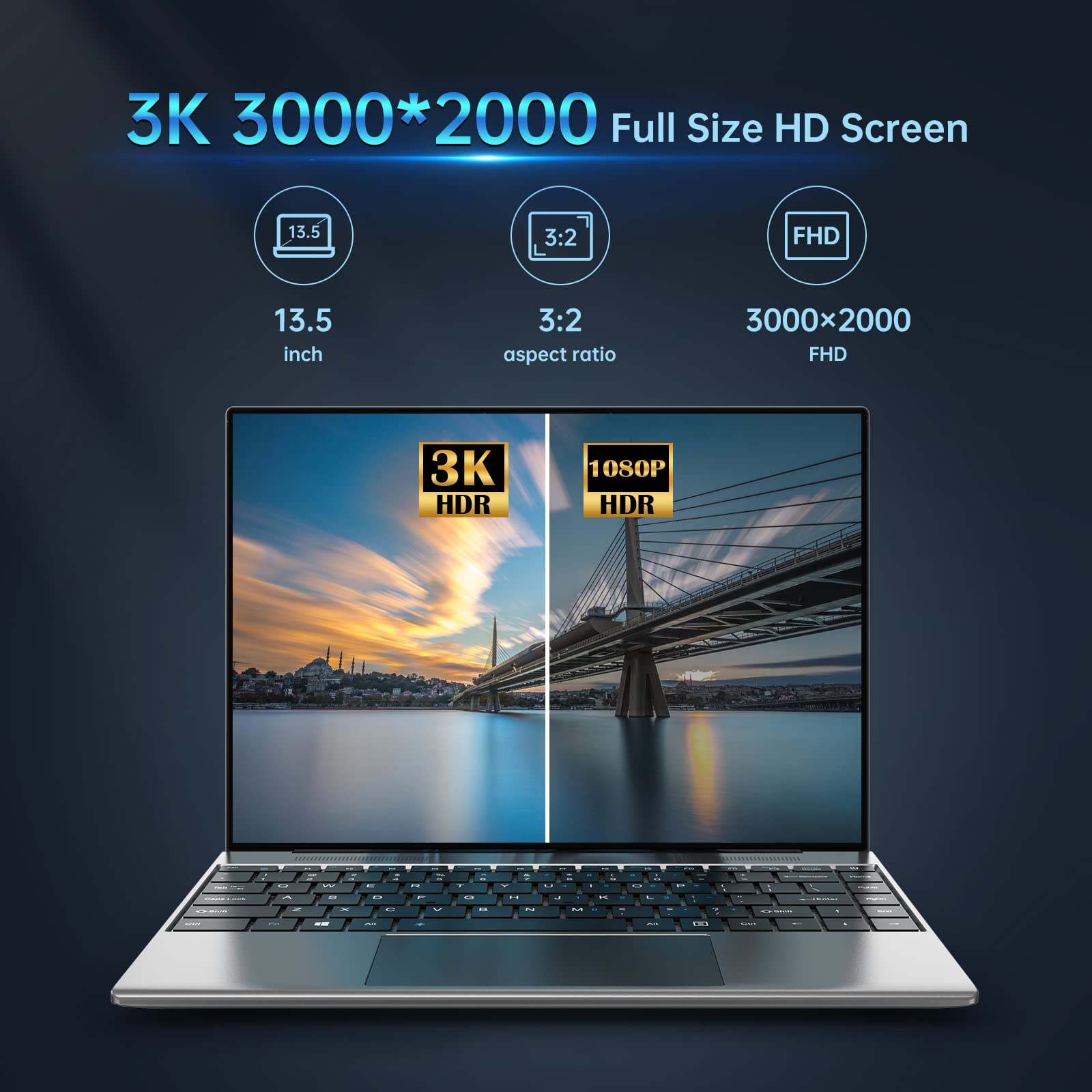 ALLDOCUBE 13.5” Laptop Windows 11, Laptop 12GB Ram 256GB SSD, 3000x2000 3K Display, Intel Celeron N5100, Quad Core, with Cooling Fan, HDMI