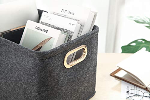 Collapsible Storage Bins Foldable Felt Fabric Storage Basket Organizer Boxes Containers with Handles Metal Handles for Nursery Toys,Kids Room,Clothes,Towels,Magazine (Dark grey)