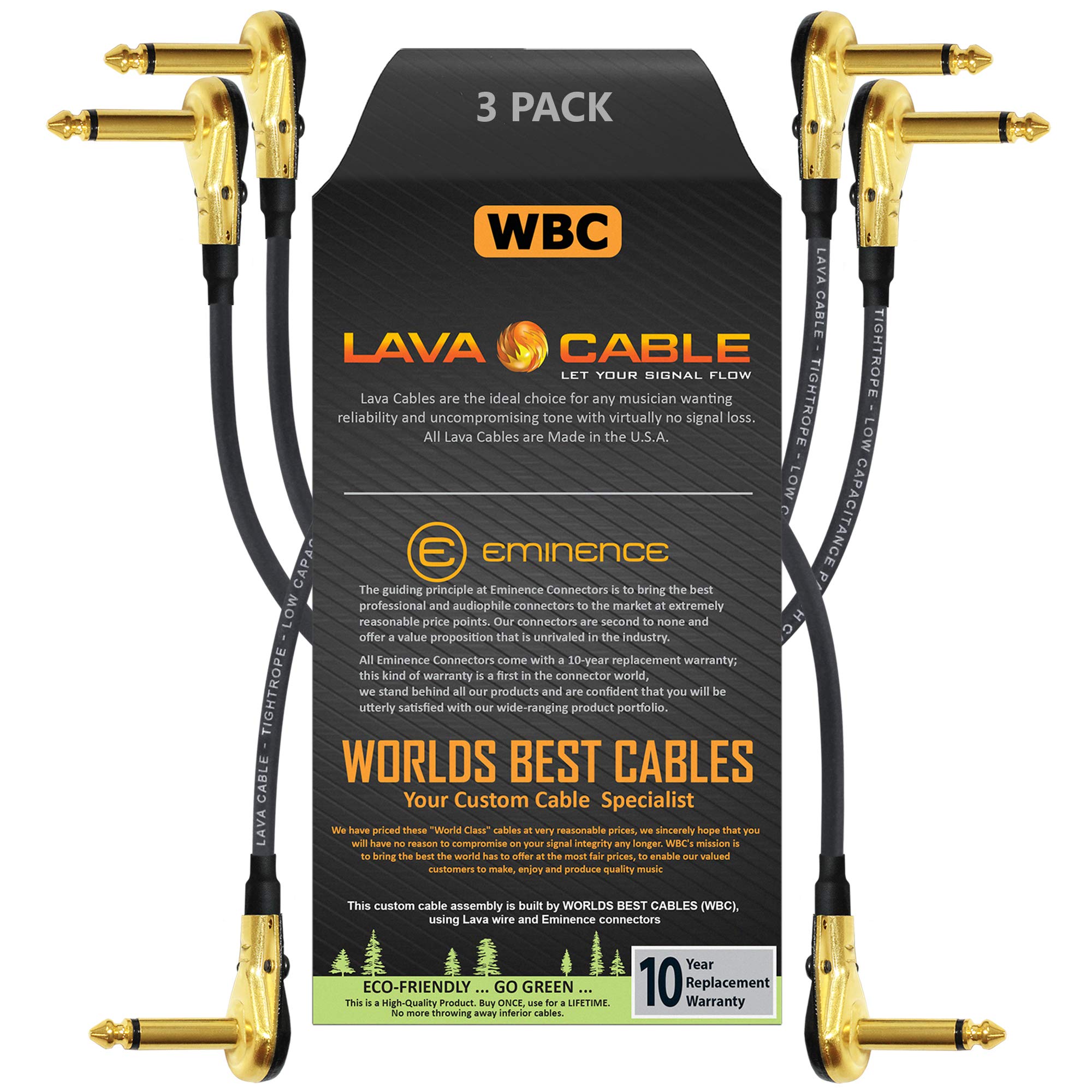 3 Units - Lava Tightrope (Black) - 8 Inch - Guitar Bass Effects Instrument, Patch Cable with Premium Gold Plated ¼ Inch (6.35mm) Low-Profile, Right Angled Pancake type TS Connectors