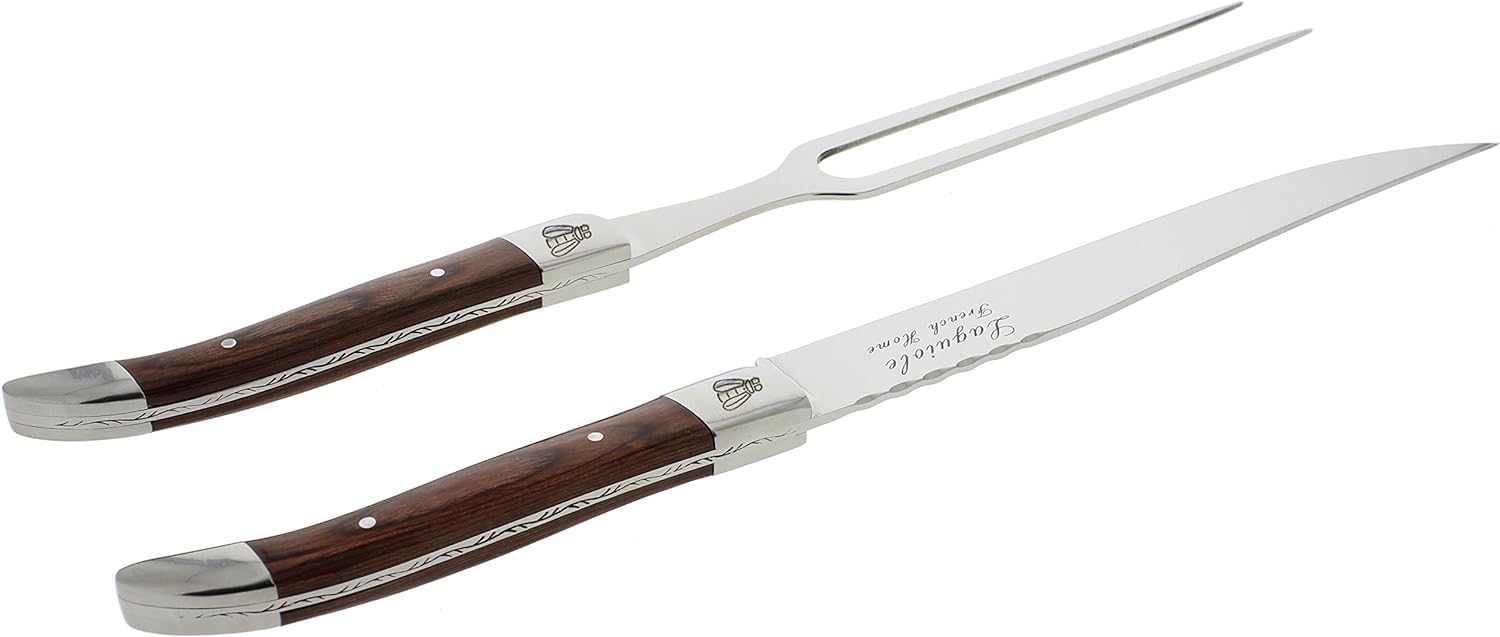 French Home Laguiole Carving Knife and Fork Set - Stainless Steel Knife & Carving Fork Cutlery Set with Pakkawood Handles, Etched Detailing & Iconic Bee Emblem