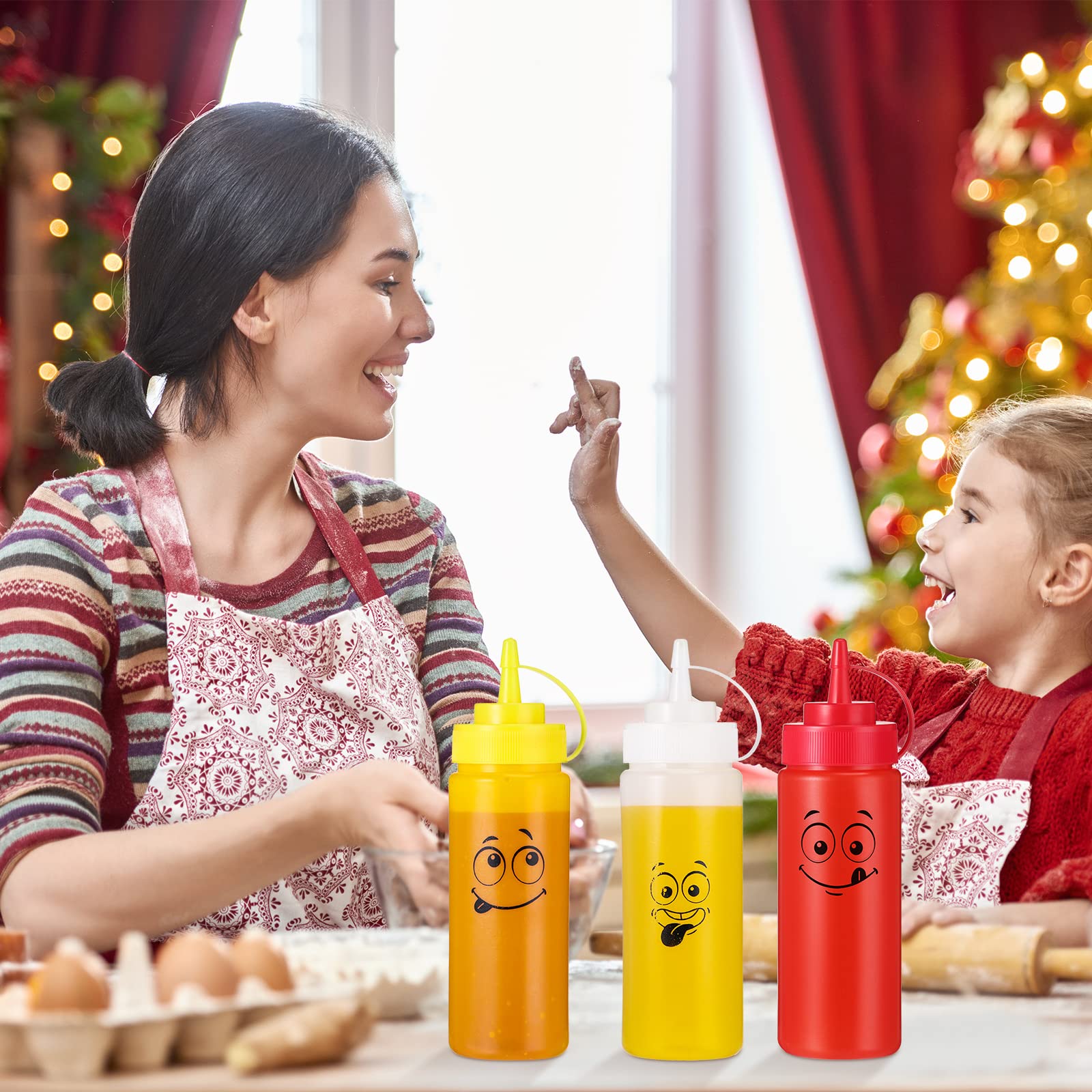 6 Pieces Smile Faces Squeeze Bottles, Condiment Sauces Squeeze Bottles, Ketchup and Mustard Dispenser for Hot Dog Party Mayo Dressing Red Yellow and White, 12 oz