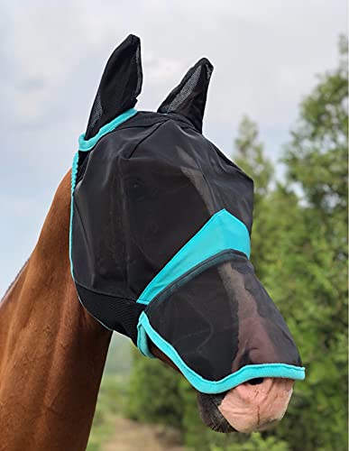 TGW RIDING Horse Mask Full Face Mesh Mask Fine Mesh with Ears and Long Nose (Cob, Black/Turquoise)