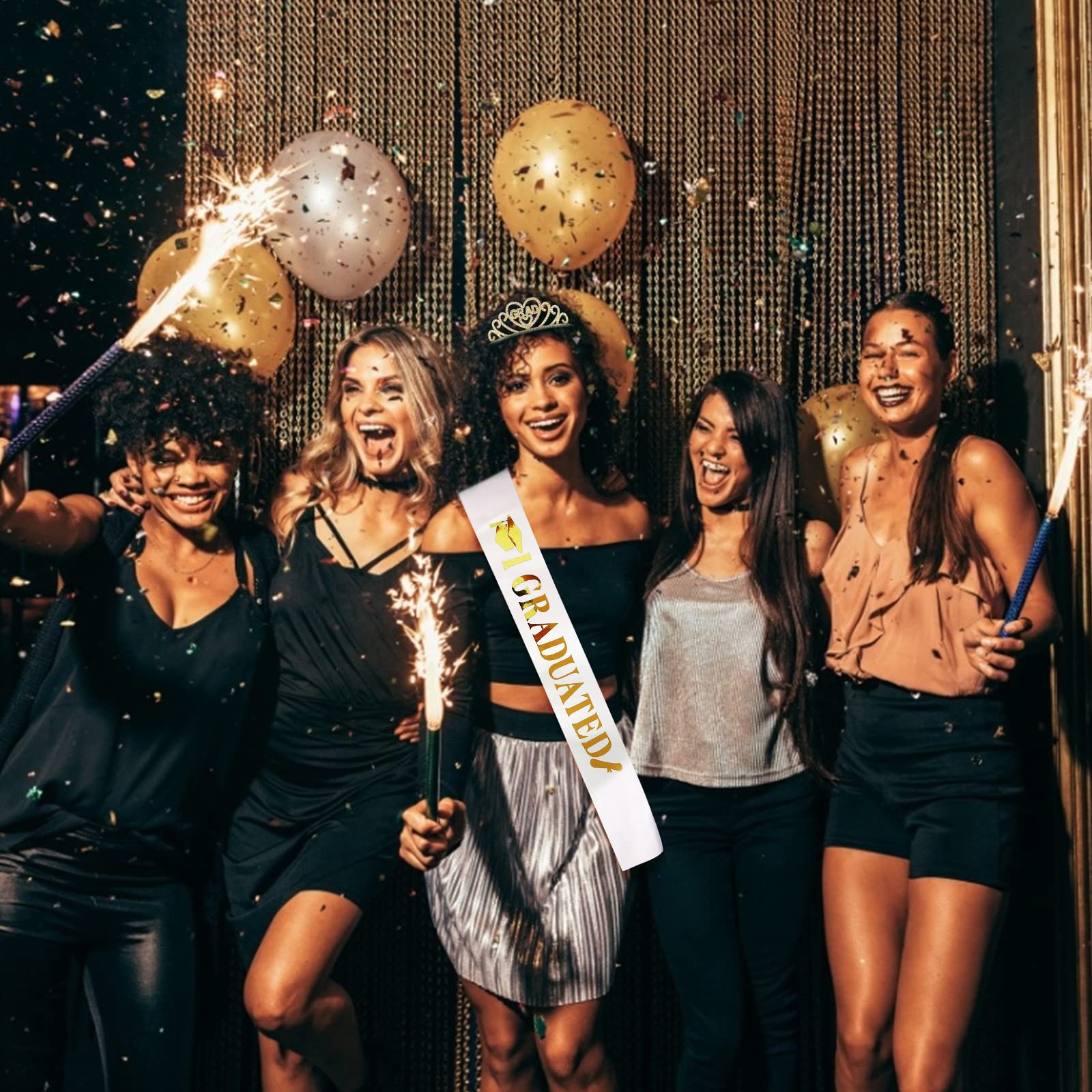 CAVETEE Gold Graduate Crown and Sash Congratulations Graduate 2024 Grad Party Decorations 2024 Graduate Crowns for Women Grad Tiara and I Graduated Sash for Women Grad Cap Decorations Grad Cap Topper