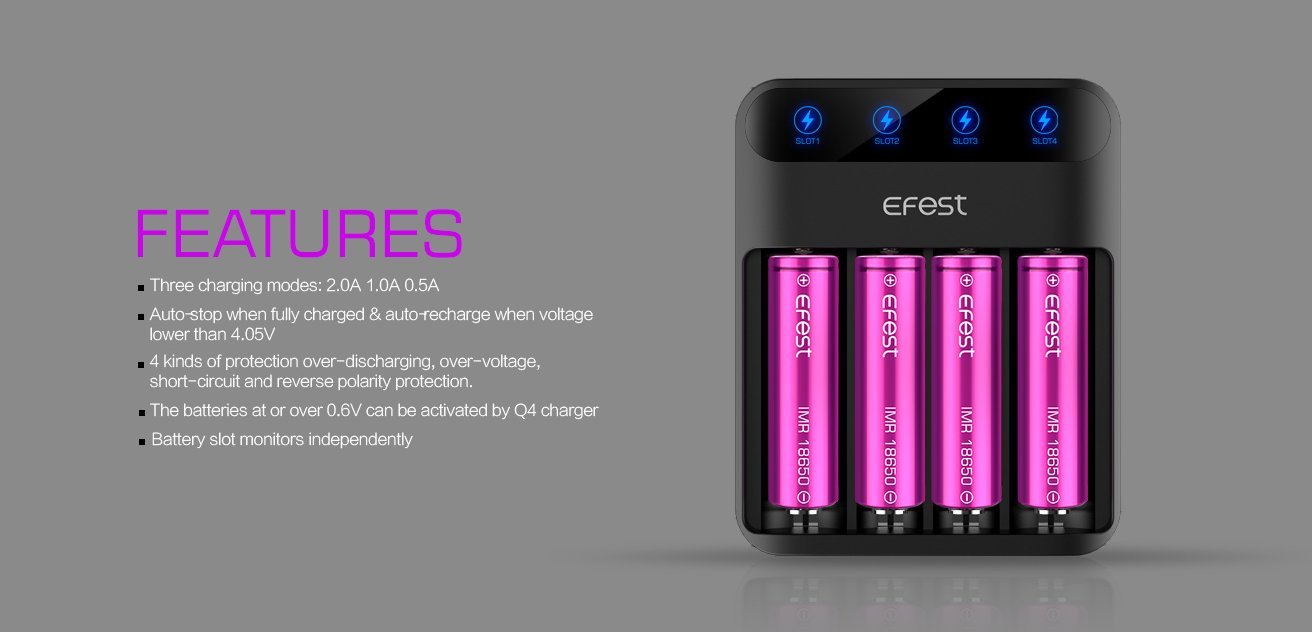 Efest LUSH Q4 Intelligent LED Battery Charger for 20700 / 18650 / 26650 / 26500 / 18500 / 18350 / 17340 / 16340 / 14500 / 10440