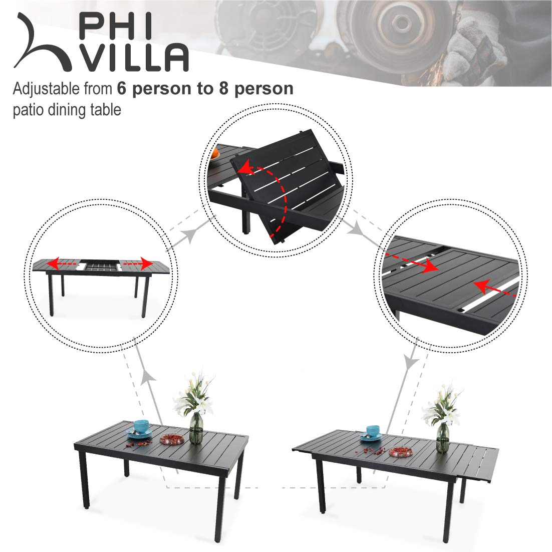 PHI VILLA 9 PCS Patio Dining Set, 8 Spring Motion Thickened Cushion Chairs and Extendable Metal Table for Indoor,Outdoor, Garden, Outdoor Waterproof Furniture Sets(Red)