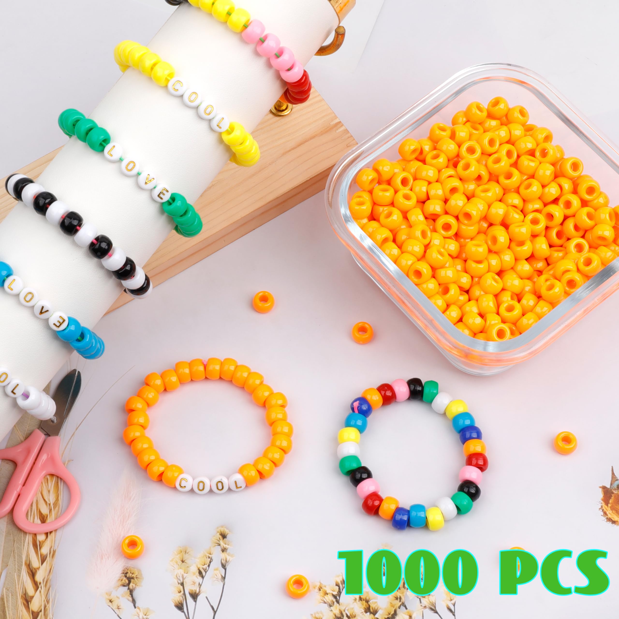 Auvoau 1000Pcs Pony Beads Bracelet 9mm Orange Plastic Barrel Pony Beads for Necklace,Hair Beads for Braids,Key Chain,Jewelry Making (Orange)